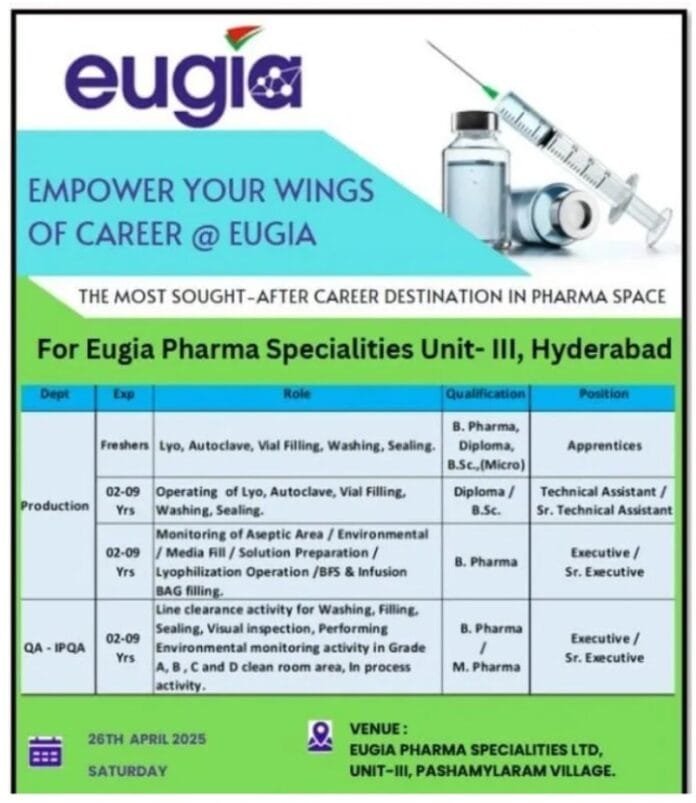 Eugia Pharma (Aurobindo) - Walk-in for Freshers & Experienced ...